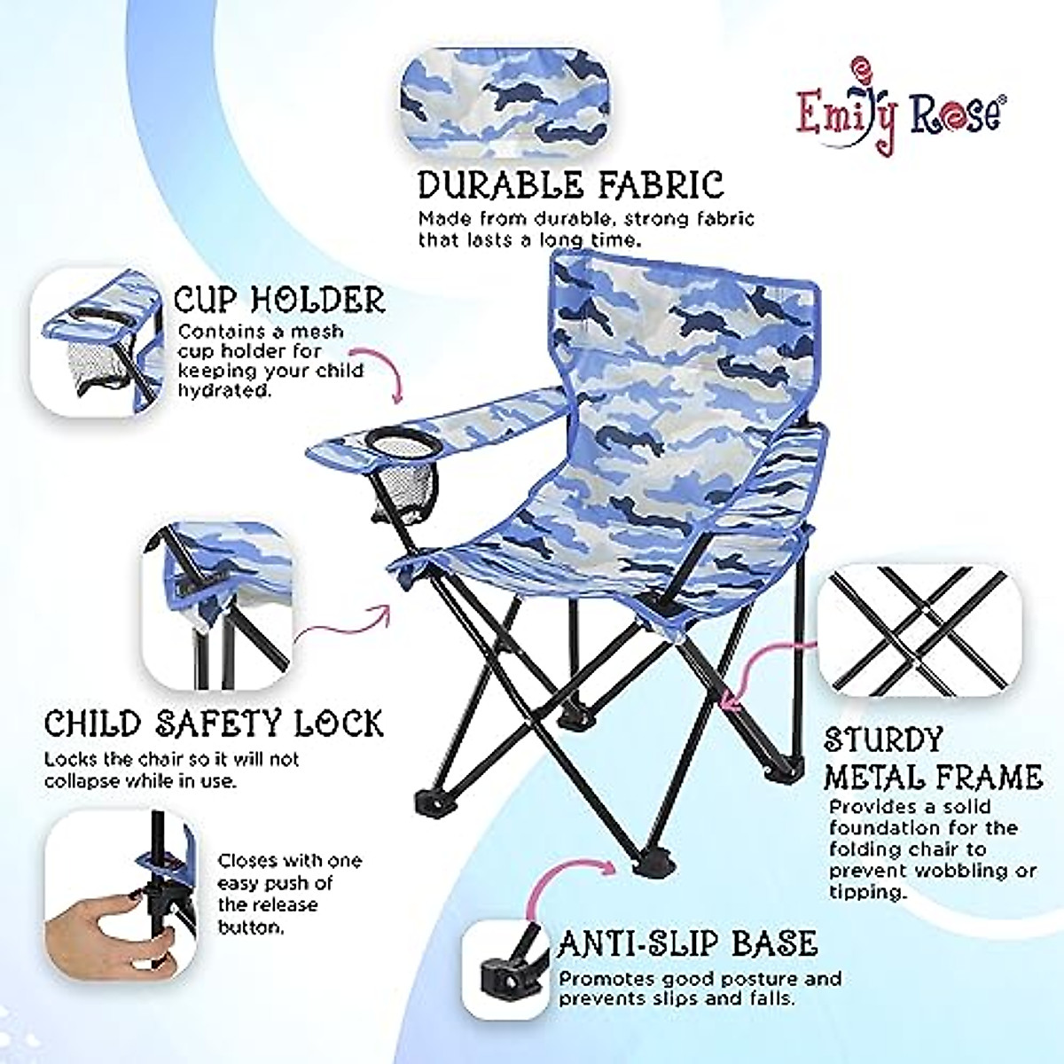 Emily Rose Kids Toddler Beach Chair | Outdoor Folding Chair for Boys and Girls with Child Safety Lock, Cup Holder and Carry Case | Sturdy, Portable, and Fun Seating for Beach, Camping, and Picnics
