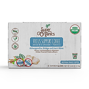 Super Organics Focus Support Coffee Brew Cups With Superfoods & Probiotics, Keurig K-Cup Compatible, Adaptogens, Medium Roast, USDA Certified, Vegan, Non-GMO, 10 count