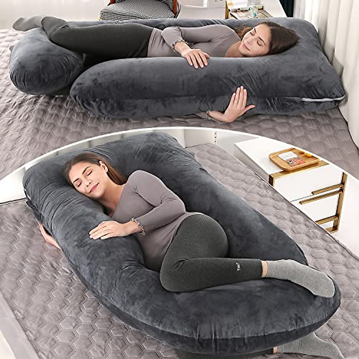 Elover Pregnancy Must Haves Pregnancy Pillow U-Shaped Full Body Maternity Support Pillow for Pregnant Women with Replaceable and Washable Velvet Cover Size 57" (Black,Velvet)