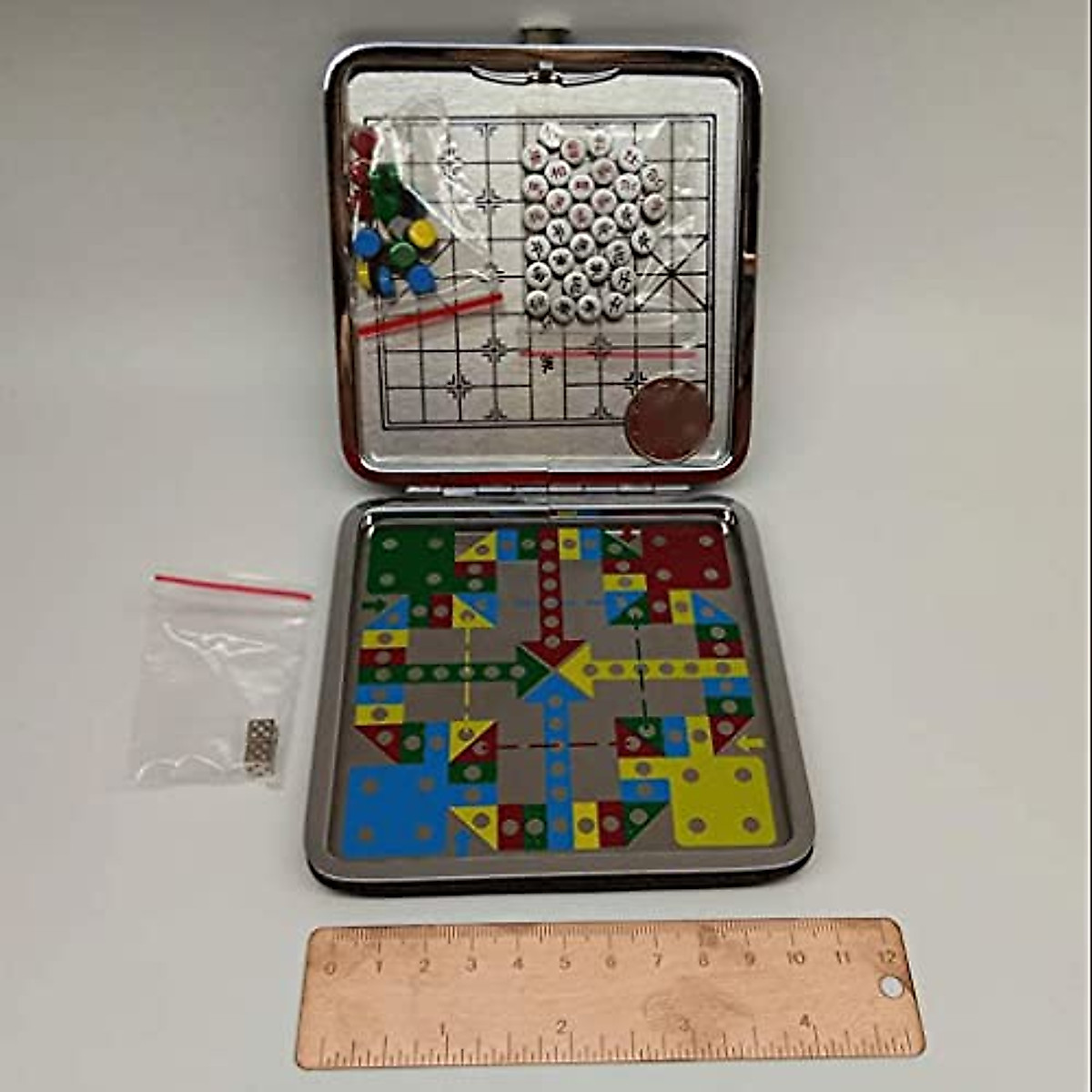 Magnetic Travel Chess Set Portable Mini Chess Set with Leather Chess Box and Magnetic Chess Pieces 2 in 1 Chess Set 4.6in Board Games (Color : Chinese Chess+Flying Chess)
