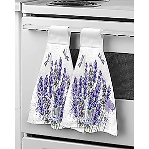 Hand Tie Towel Set of 2,Field Purple Lavender Floral Dragonfly Hanging Kitchen Towels with Loop, Absorbent Tea Bar Dish Towel Fast Drying Towels for Bathroom,Rustic Flower Plant Watercolor