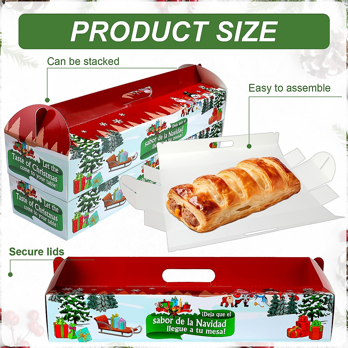 Cholemy Christmas Ham Bread Box Container 18" x 4.75" x 3" Paperboard Baking Bread Bags Non Window Bakery Bag for Holiday Packaging Gift Giving with Handle(50 Pcs)