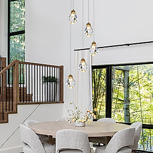 KOKAiZeeKi Dimmable Brass Gold Crystal Pendant Light - Modern 5-Light Diamond Chandelier for Kitchen Island, Dining Room, Hallway, and Bathroom