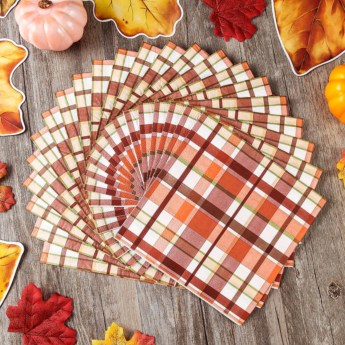 ​Quera 50 Pack Fall Paper Napkins Pumpkin Spice Plaid Autumn Cocktail Napkins Thanksgiving Party Supplies Disposable Bar Napkins for Thanksgiving Party, Engagement, Baby Shower, Celebration Party