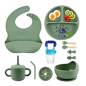SHGMEET Silicone Baby Feeding Set, Baby Feeding Essentials, Baby Suction Bowl, Plates, Bib, Spoons set, Baby Led Weaning Supplies to Develop Self-feeding Skills, Dishwasher Safe (Green)
