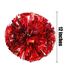 TTSAM 4 Pack (2 Pair) Metallic Foil Cheerleader Pom Poms & Plastic Ring Cheer Poms with Baton Handle Cheerleading Pompoms for Sports Party Dance Team Accessories Cheering Squad Spirit (Red & Silver)