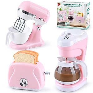 Kitchen Appliances Toys, Kids Play Kitchen Accessories Set, Pretend Kitchen Toys for Kids Ages 4-8, Coffee Maker, Mixer, Toaster with Realistic Lights & Sounds, Gift for Girls Ages 3+