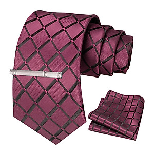 JEMYGINS Plaid Maroon Tie and Pocket Square Hankerchief Mens Silk Necktie with Tie Clip Sets(1)