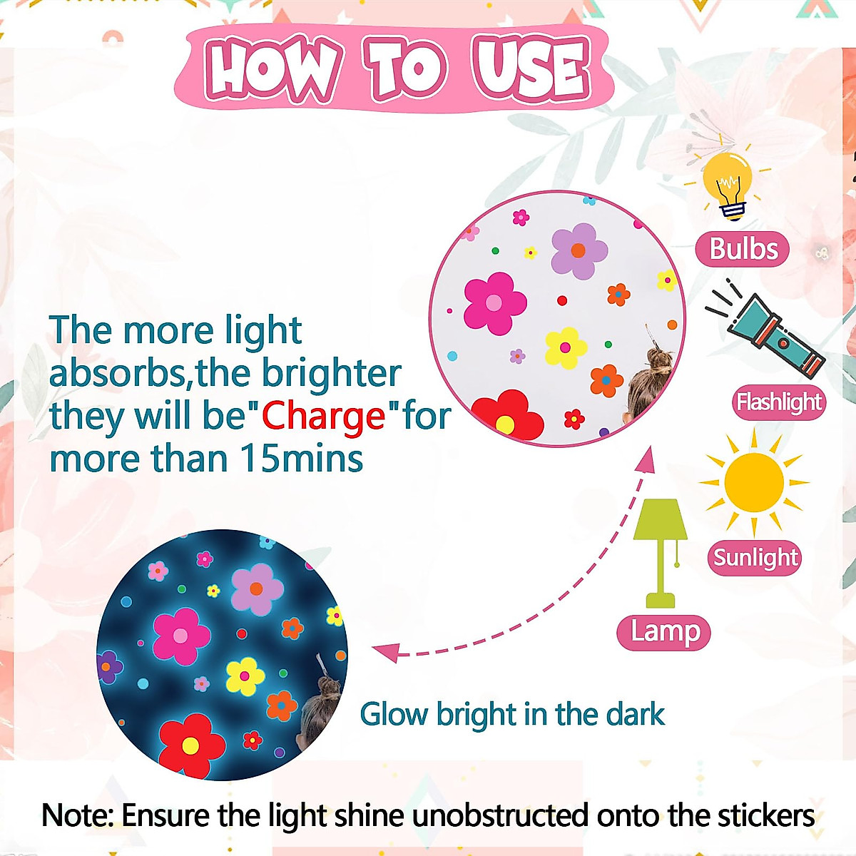 Glow in The Dark Y2k Cute Flowers Wall Decals，Glowing Luminous Colorful Floral Wall Stickers Colorful Removable self-Adhesive Flower Decals for Girls Bedroom Kids Baby Nursery Living Room Decoration