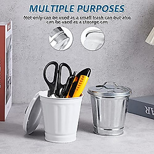Alipis Metal Mini Trash Can Desktop Garbage Bins Makeup Brush Pencil Storage Box Tiny Wastebasket with lid for Home Office (Silver + White)