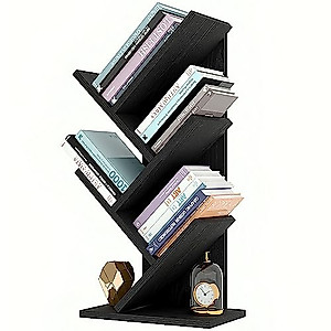 YMYNY 4 Tiers Tree Bookshelf, Floor Standing Bookcase, Wooden Book Storage Organizer, Small Bookshelf for Bedroom, Living Room, Office, Display Rack for CDs/Magazine/Books, Black, 23.6" H, UHBC014B