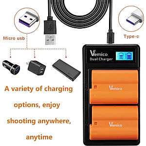 Vemico EN-EL15 EN-EL15A/EL15B/EL15C Battery Charger Kit 2x2100mAh Replacement Batteries with Dual Slot LCD Charger for D810 D7500 D7100 Z6ii D750 D850 D810A D800 D800E D7200 D500 D610 D600 Z7 Z8etc.