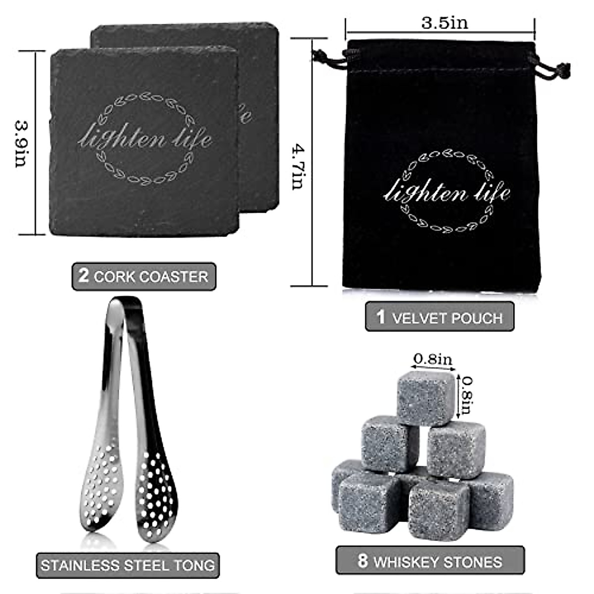 Lighten Life Whiskey Stones Gift Set,Whiskey Glass Set 2 in Wooden Box with 8 Granite Whiskey Stones,Premium Bourbon Glasses with Stones,Whiskey Stone Gift for Dad Husband Boyfriend Fathers Day