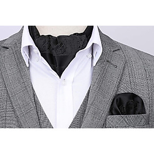 HISDERN Men's Cravats Black Ascot Ties for Men Paisley and Pocket Square Set Woven Classic Floral Ascot Scarf for Men Handkerchief Wedding Party