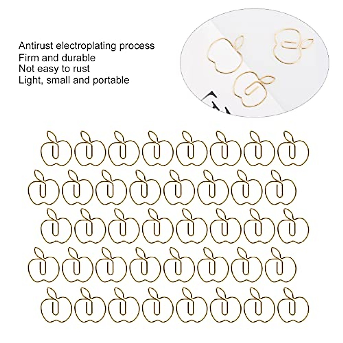 40Pcs Golden Apples Shape Paper Clips,Gold Journal Paper Clips Metal Bookmark Clips Office Supplies with Storage Box for Document Organizing