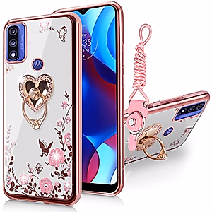 B-wishy for Motorola Moto G Pure Phone Case,Moto G Power 2022 Case for Women, Glitter Butterfly Heart Floral Slim TPU Protective Cover with Kickstand+Strap for Moto G Play 2023(Rose Gold)
