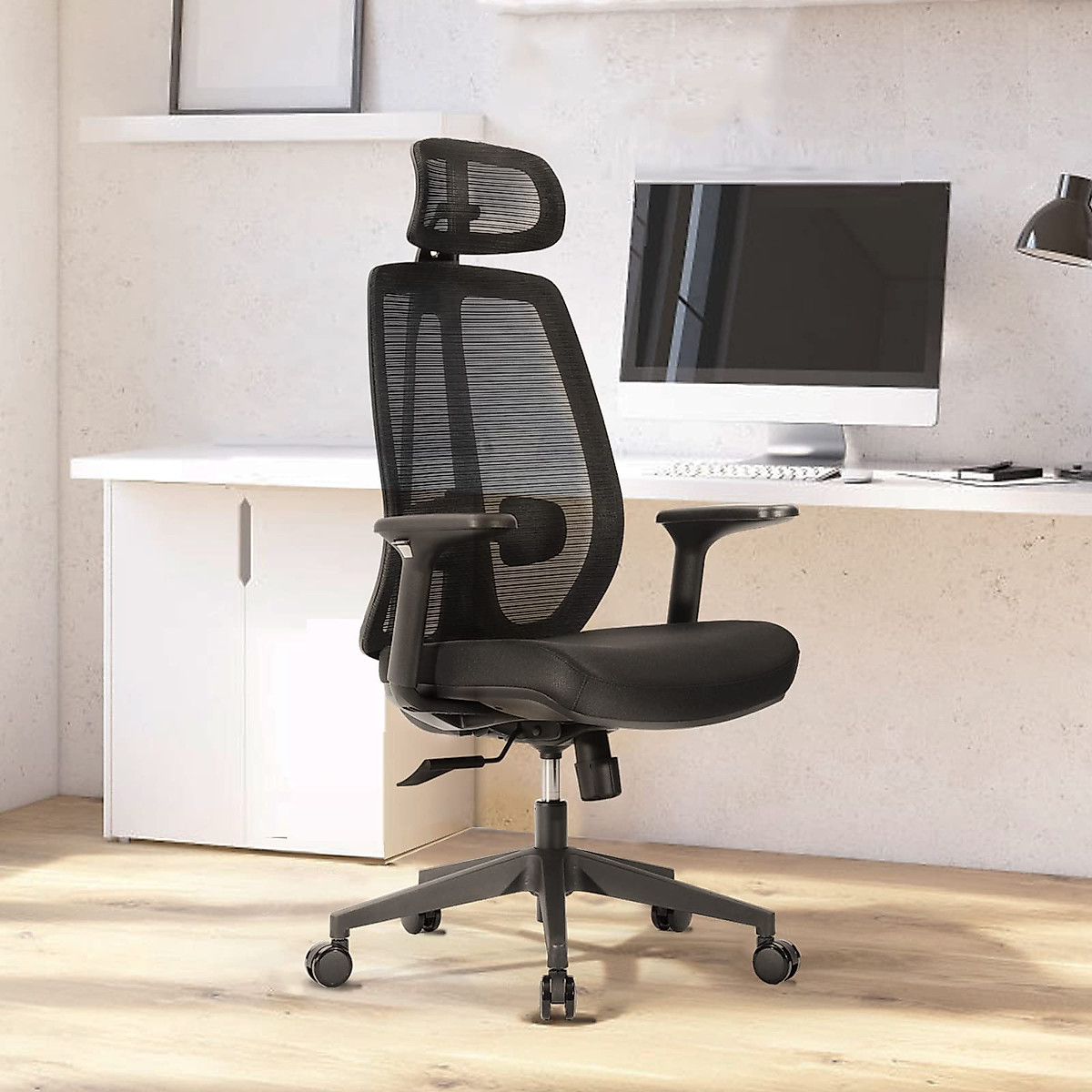 Ergonomic Mesh Office Chair, High Back Big and Tall Desk Chair with Adjustable Lumbar Support and Headrest, Tilt Function Swivel Rolling Computer Chair with 2D Armrest and PU Wheels