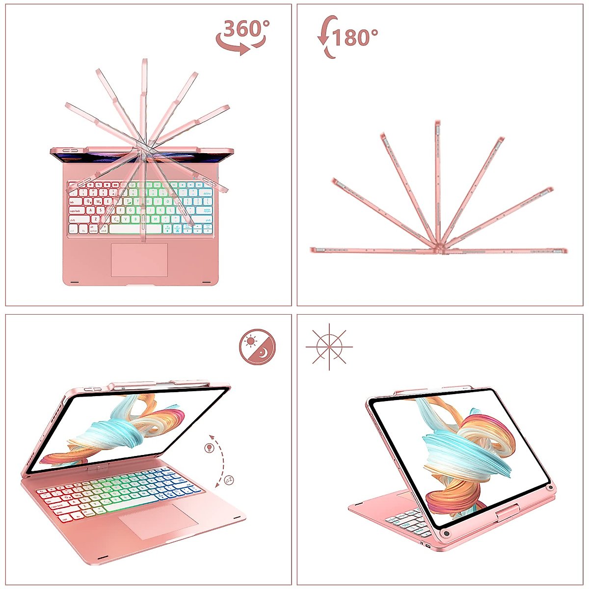 Keyboard Case for iPad Air 13-inch (M2, 2024) & iPad Pro 12.9 (6th 2022/5th 2021/4th 2020/3rd 2018 Gen), Magic 360°Rotatable & Swivel Keyboard with Trackpad, 7 Color Backlit with Pen Holder Rose Gold