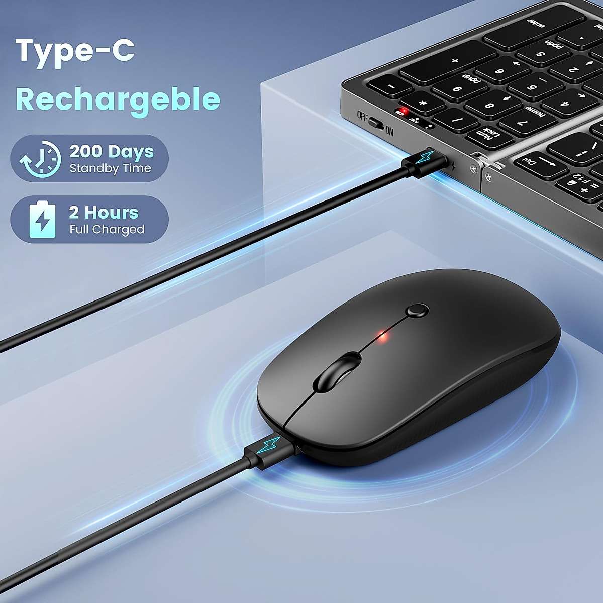 Rimyet Foldable Keyboard and Mouse Combo, Portable Travel Keyboard with Numeric Keypad, Bluetooth, Rechargeable, Compatible with Laptop, Tablet, iPad, Sync Up to 3 Devices, Hard Carrying Case