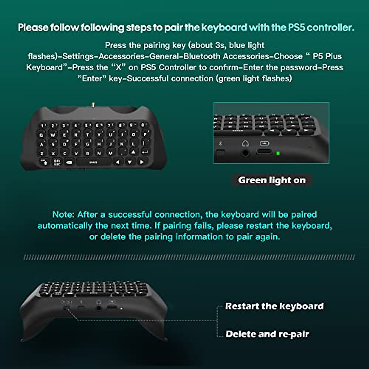 TiMOVO Green Backlight Keyboard for PS5 Controller, Wireless Bluetooth ...