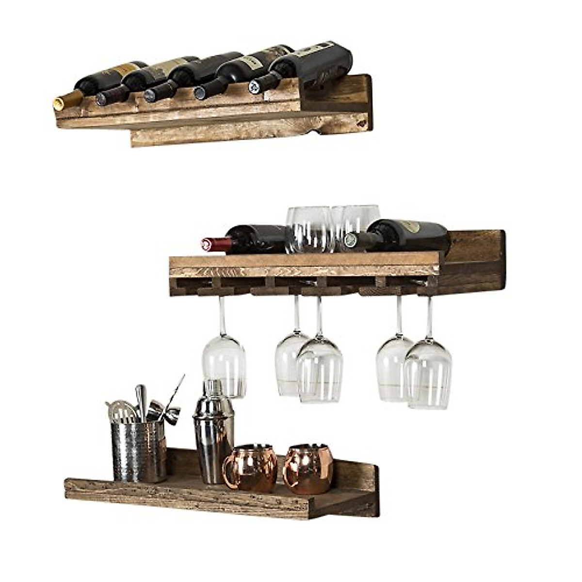 Rustic Handmade Wall Mounted 24" Three Tiered Solid Wood Wine Bottle & Stemware Shelves Complete Set of 3 (Dark Walnut)