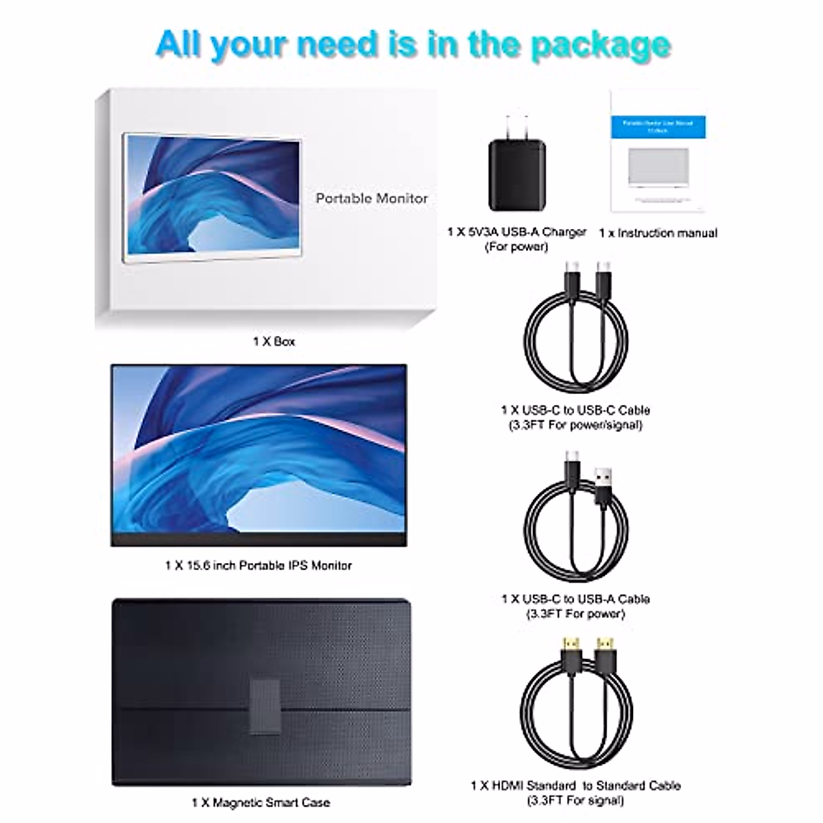 Portable Monitor, Usparkle 15.6inch 1080P FHD USB-C Travel Laptop Monitor, HDMI Computer Display HDR IPS Gaming Screen w/Smart Cover& Speakers, External Monitor for Laptop PC Mac Phone PS4 Xbox Switch