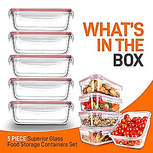 NutriChef 5-Piece 30 oz Glass Meal Prep Containers - Stackable BPA-Free Kitchen Storage Containers for Food with Improved Leakproof Snap Lock Lids - Dishwasher, Freezer, & Microwave Safe - Red