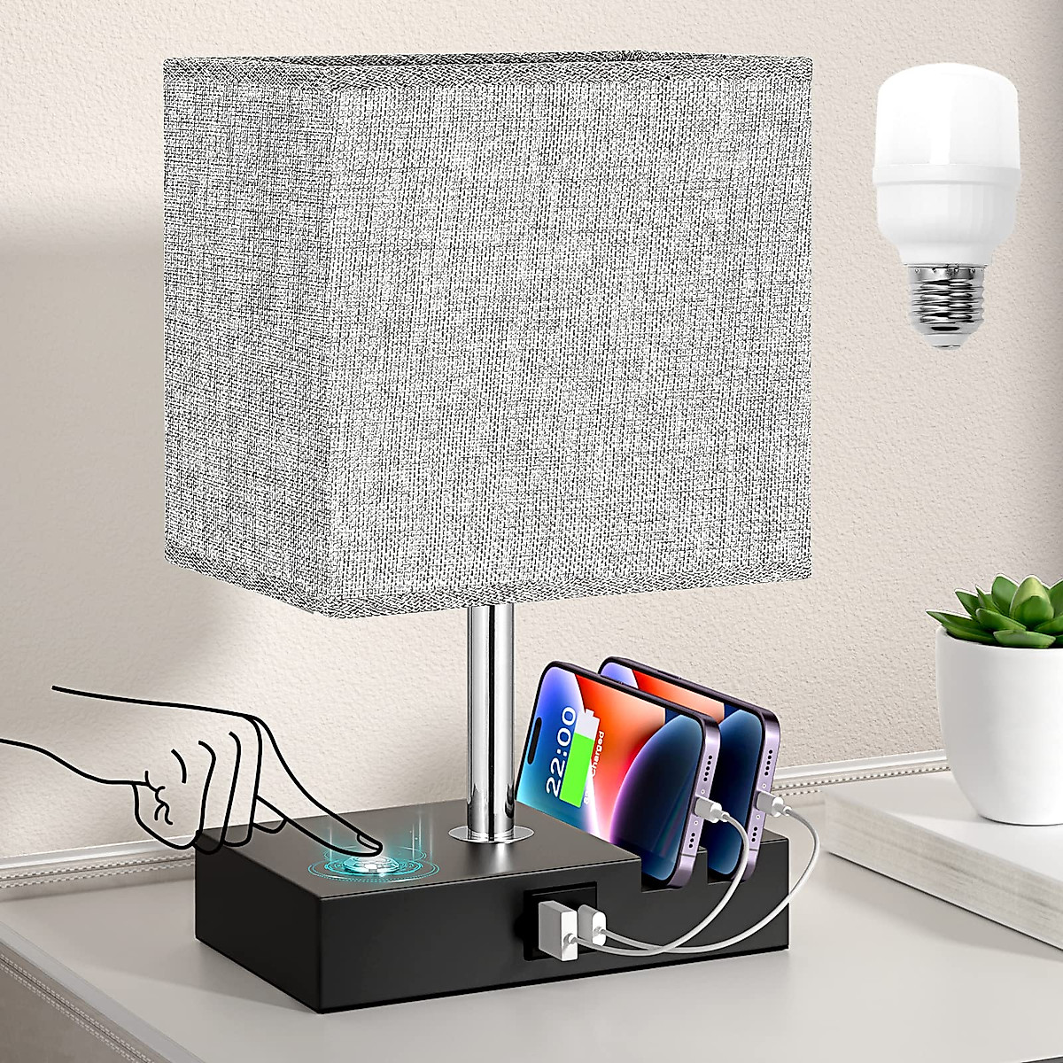 aooshine Touch Lamp with USB C+A Charging Ports-Table Lamp for Bedroom with 3 Levels Brightness(Low/Medium/Hight), 3 Way Dimmable Bedside Nightstand Lamp with 2 Phone Slots (Include Bulb)