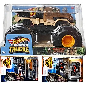 Hot Wheels Camp Monster T-Rex Dino Action Jam Big Wheels Jurassic World Bundle + Cretaceous Series Monster Truck with Mini Logo Black
