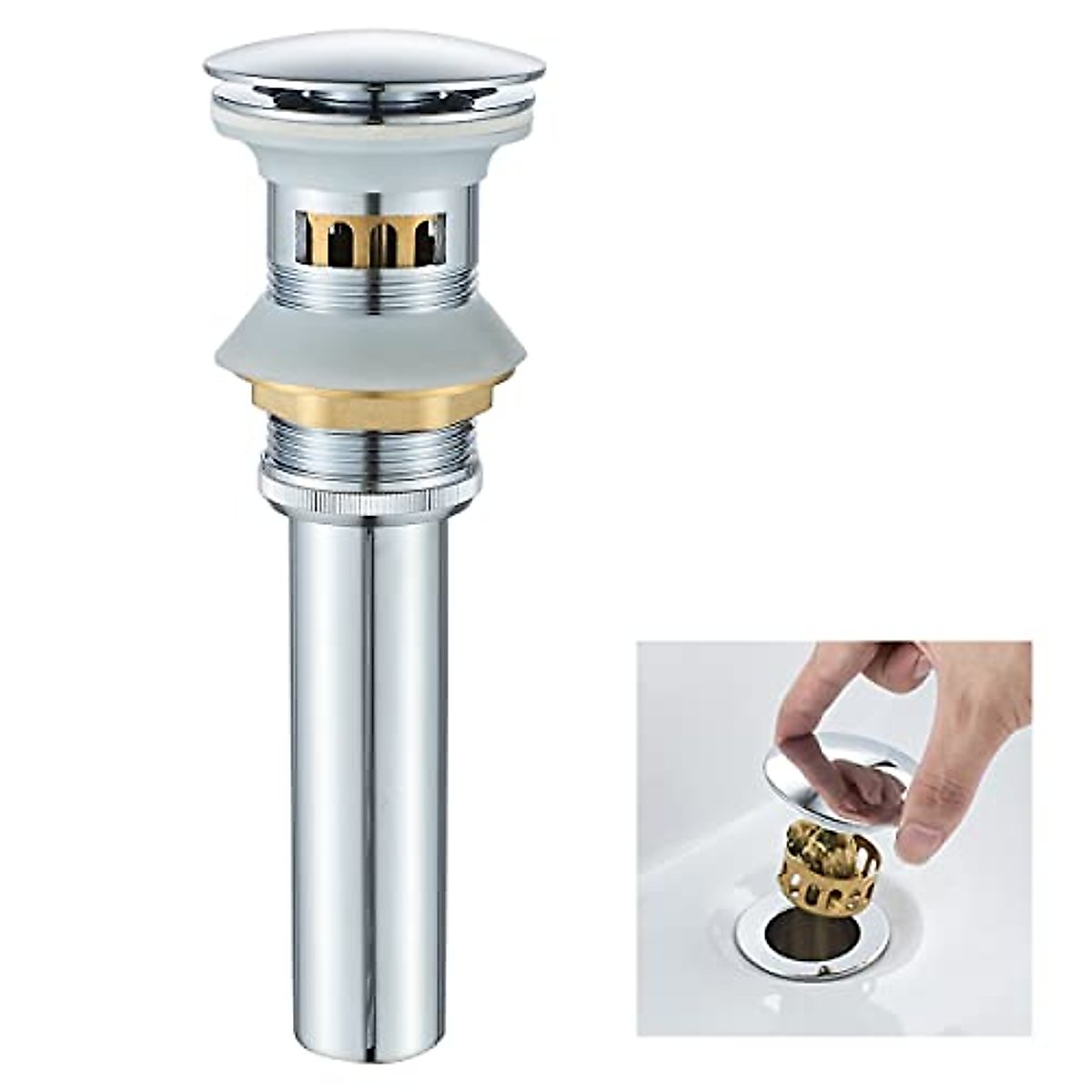 VOTON Bathroom Sink Drain Chrome Lavatory Pop-up Drain with Detachable Basket Stopper, Anti-Explosion and Anti-Clogging Drain Strainer，with Overflow Hole
