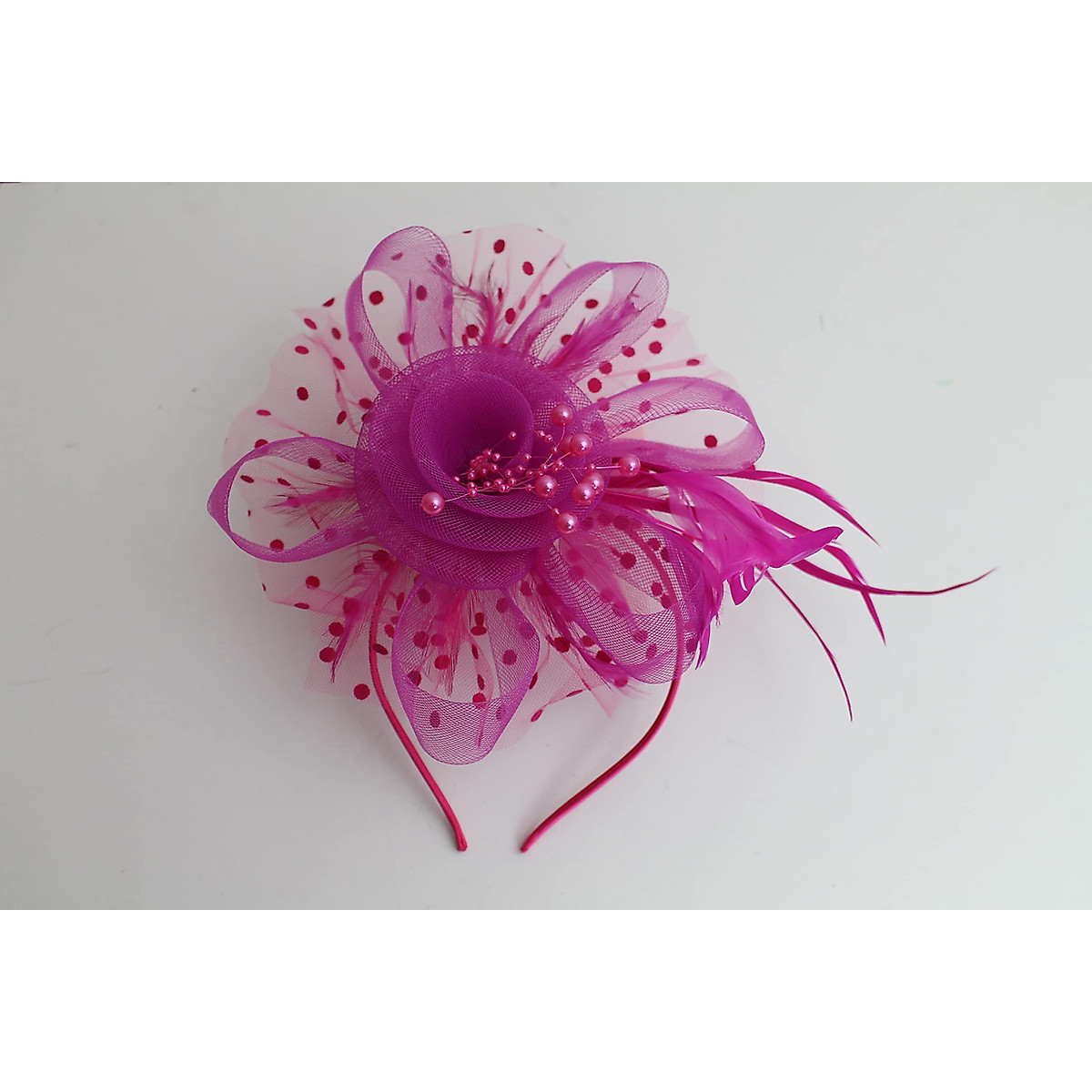 Fascinator Kentucky Hat for Women Tea Party Wedding.Church Derby Headband, 1920s Fascinator Hat with Clip-Hot Pink-01
