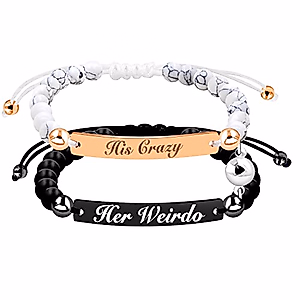 Uloveido His Crazy Her Weirdo Couple Bracelets Stainless Steel ID and Natural Beads Handmade Braided Rope Bracelet Set for Men Women Adjustable (His Crazy Her Weirdo)