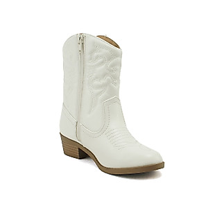 Soda RENO-2 Kids/Girls/Children Western Cowboy Stitched Pointe Toe Low Heel Ankle Mid Shaft Fashion Boots (3 LITTLE KID, WHITE PU, numeric_3)