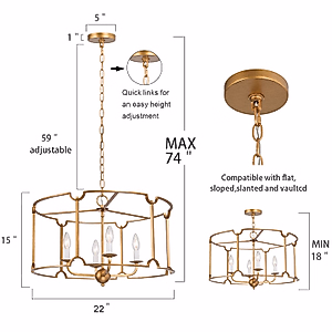 LALUZ Gold Drum Chandelier, 4-Light Modern Dining Room Chandelier Lighting, Large Round Gold Pendant Light Fixture for Kitchen, Foyer & Living Room, Brushed Antique Gold Finish, 22’’ D x 15’’ H