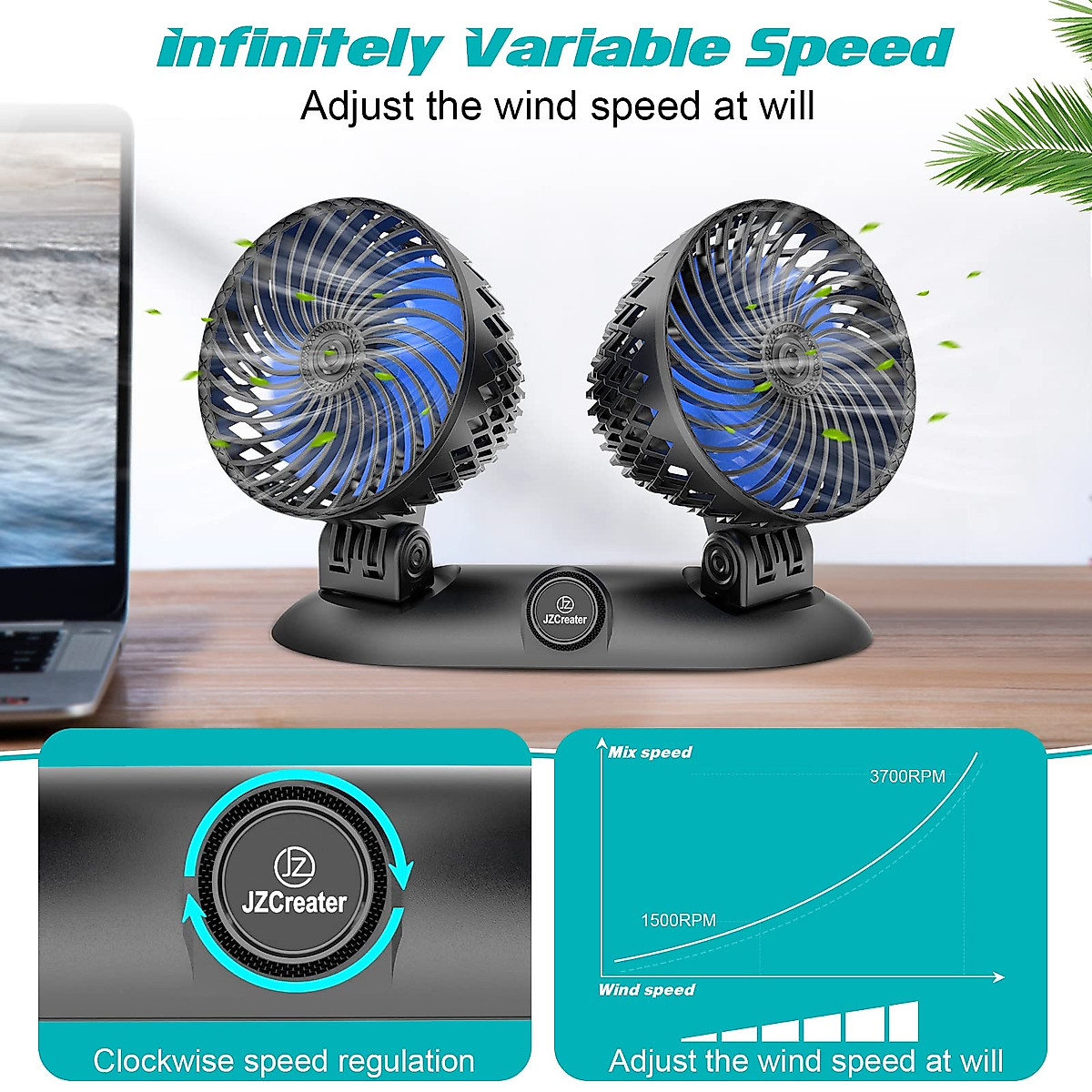 JZCreater Car Fan - Dual Head USB Desk & Portable Vehicle Cooling Fan with Variable Speed & 360°Rotation for Car Dashboard, SUV, RV, Truck, Sedan, Cruise & Office Use, Quiet & Small Fan, Black Blue