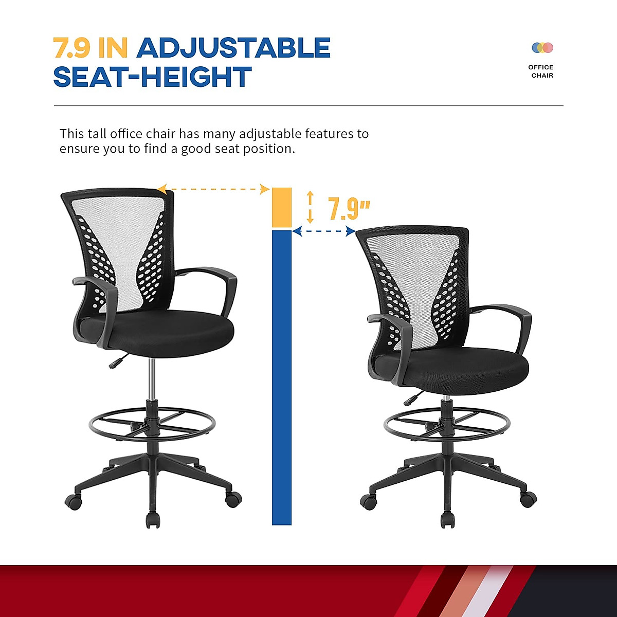 FDW Drafting Chair Tall Office Chair Ergonomic Office Chairs Adjustable Height Rolling Swivel Computer Task Chair Mesh Desk Chair with Arms Foot Rest Back Support (Black)