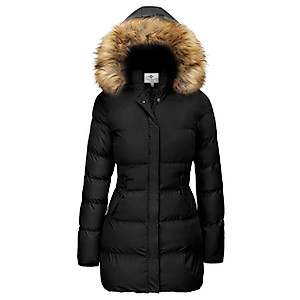 WenVen Women's Winter Thicken Puffer Coat with Fur Removable Hood (Black, 2XL)