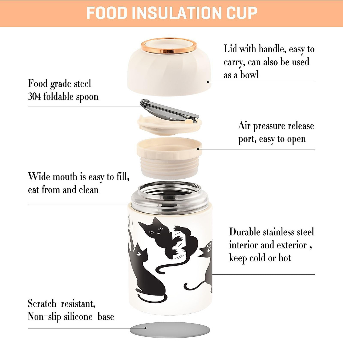 CUPADA Black Cats Paw Scratching Food Jar for Hot and Cold, Insulated Food Jars Vacuum 17OZ with Folding Spoon for Work Trip Picnic Camping