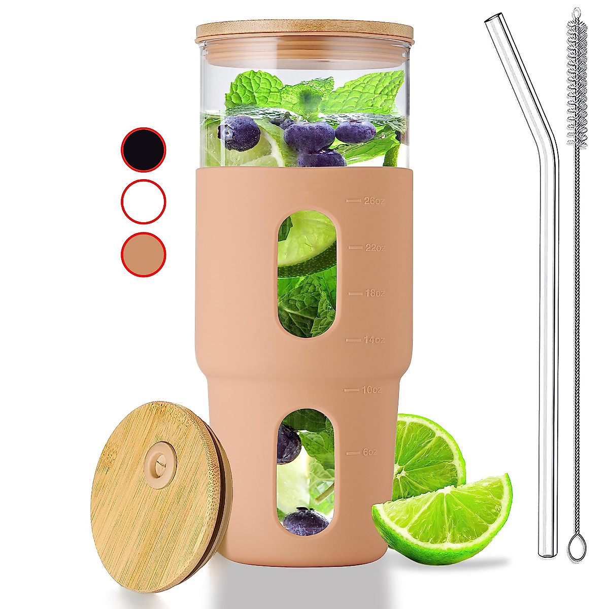 32oz Drinking Glass Tumbler with Bamboo Lid and Straw - Silicone Sleeve - Fits Car Cup Holder - Reusable Boba Smoothie Cup, Spill Proof Travel Water Bottle, Iced Coffee Tumbler, BPA Free - Amber.