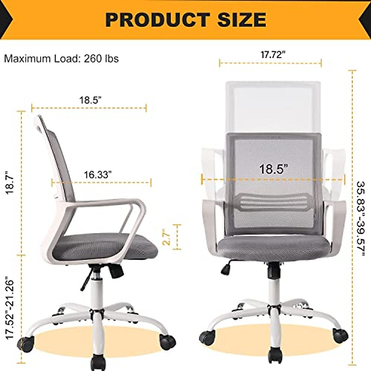 Office Desk Chair, Mesh Home Office Computer Task Chairs, Ergonomic Swiveling Rolling Desk Chair, Grey
