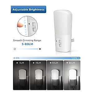LOHAS Dimmable LED Night Light, Night Lights Plug into Wall, Dusk-to-Dawn Sensor, Daylight White 5000K, Adjustable Brightness 5-80lm Sleep Nightlight for Baby Nursery Bathroom Hallway, 2 Pack