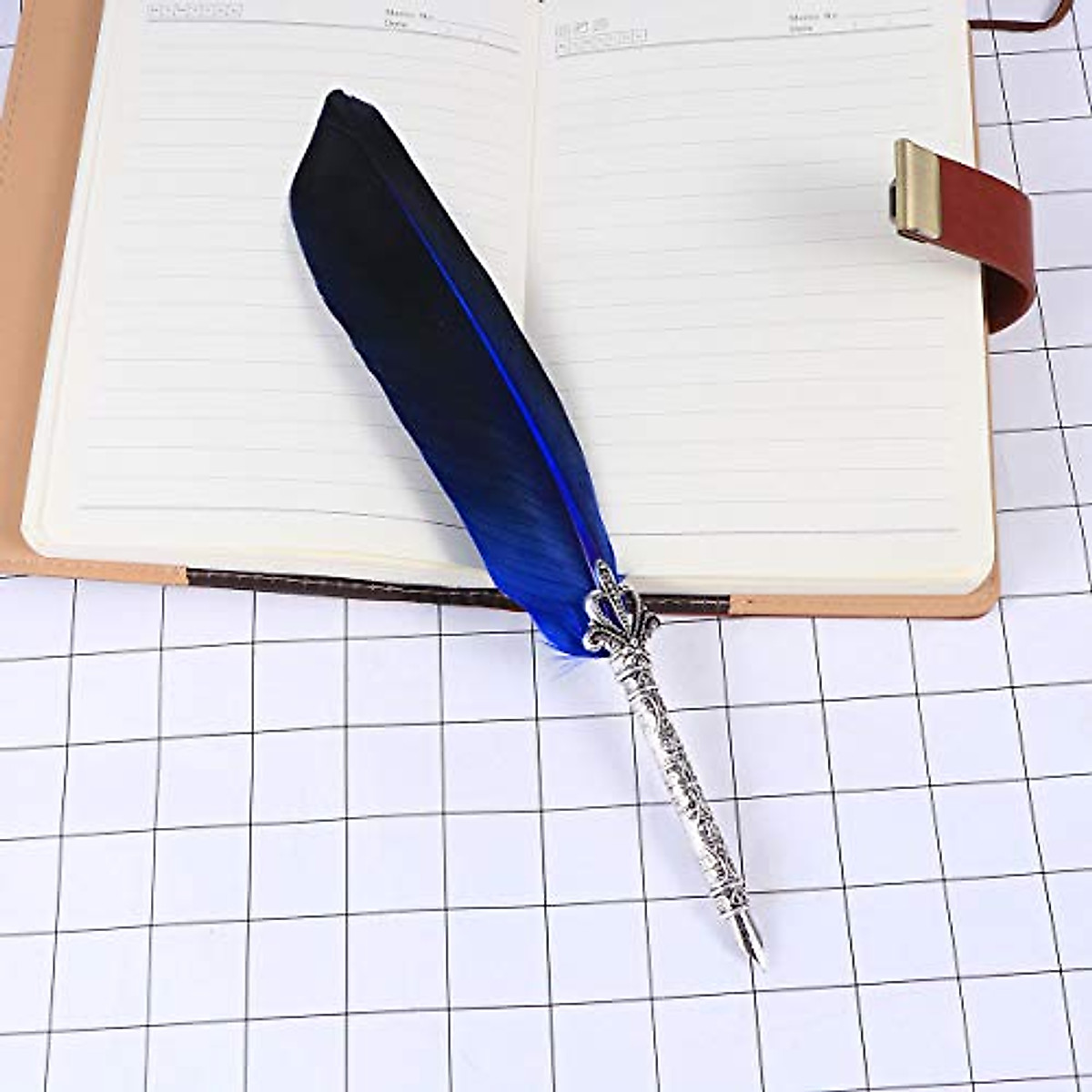 STOBOK Ancient Calligraphy Quill Feather Pen Set Vintage Beautiful Pen Set for Office and Store (Blue + 5 Nibs + Ink)