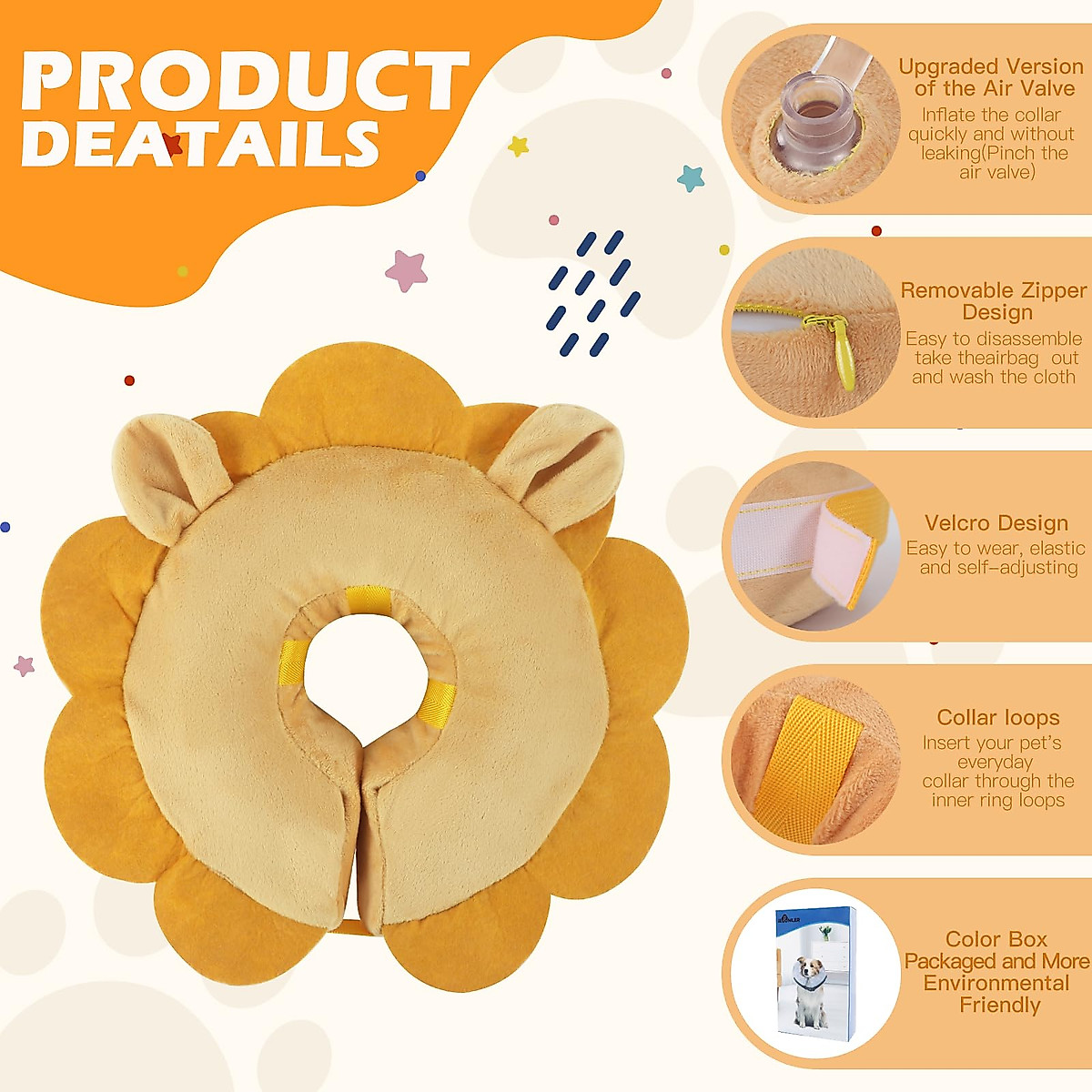 IEUUMLER Inflatable Recovery Dog Collar, Protective Donut Cone, Adjustable Soft Collar for Dog and Cat After Surgery Prevent from Biting & Scratching EU002 - Brown Lion XL