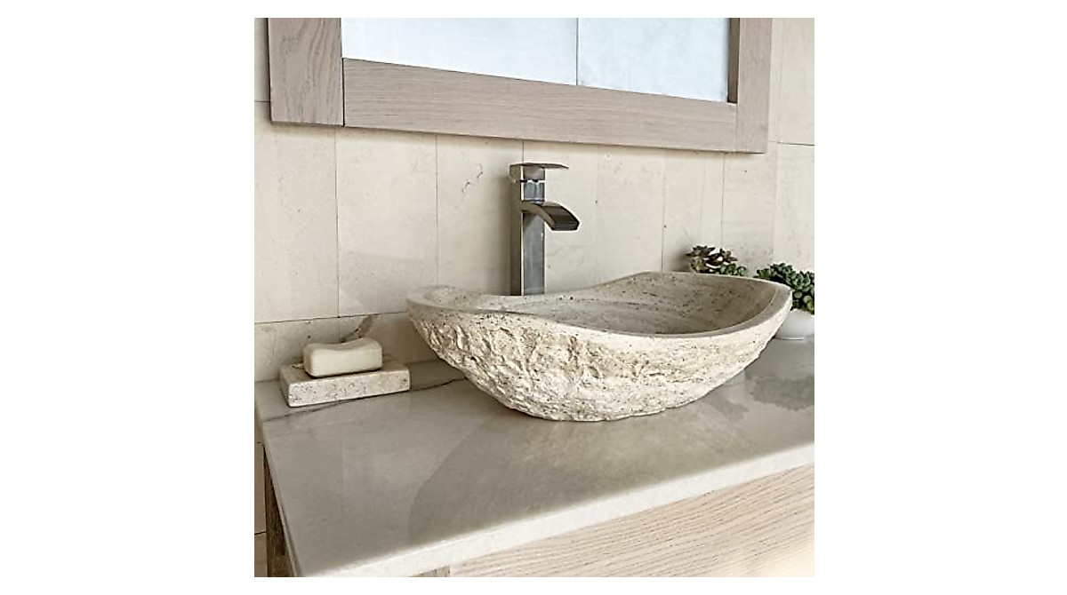 EDUPET Tan Travertine Stone Vessel Sink - Oval Canoe Shape