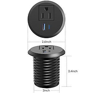 2 inch Desktop Power Grommet with PD 20W USB C,Ultra Thin Flat Plug Power Strip,Recessed Outlet,Slim Outlet Extender for Office,Table Outlets for Home, Office,6 ft Cable(Black)