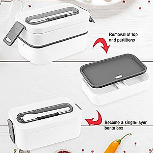 NatraProw Bento Lunch Box for Adults, 2 Layers Stackable Lunch Container, 1600ml Large bento Box for Adults, Built-in Utensils, Microwave Safe Bento Boxes, Leakproof, BPA Free, White