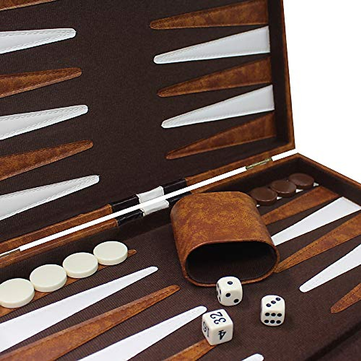 Sun Flair Backgammon Set - 15 Inch Backgammon Sets for Adults, Folding Classic Board Game with Premium Leather Case, Best Strategy and Tip Guide Enclosed (Brown, Medium)