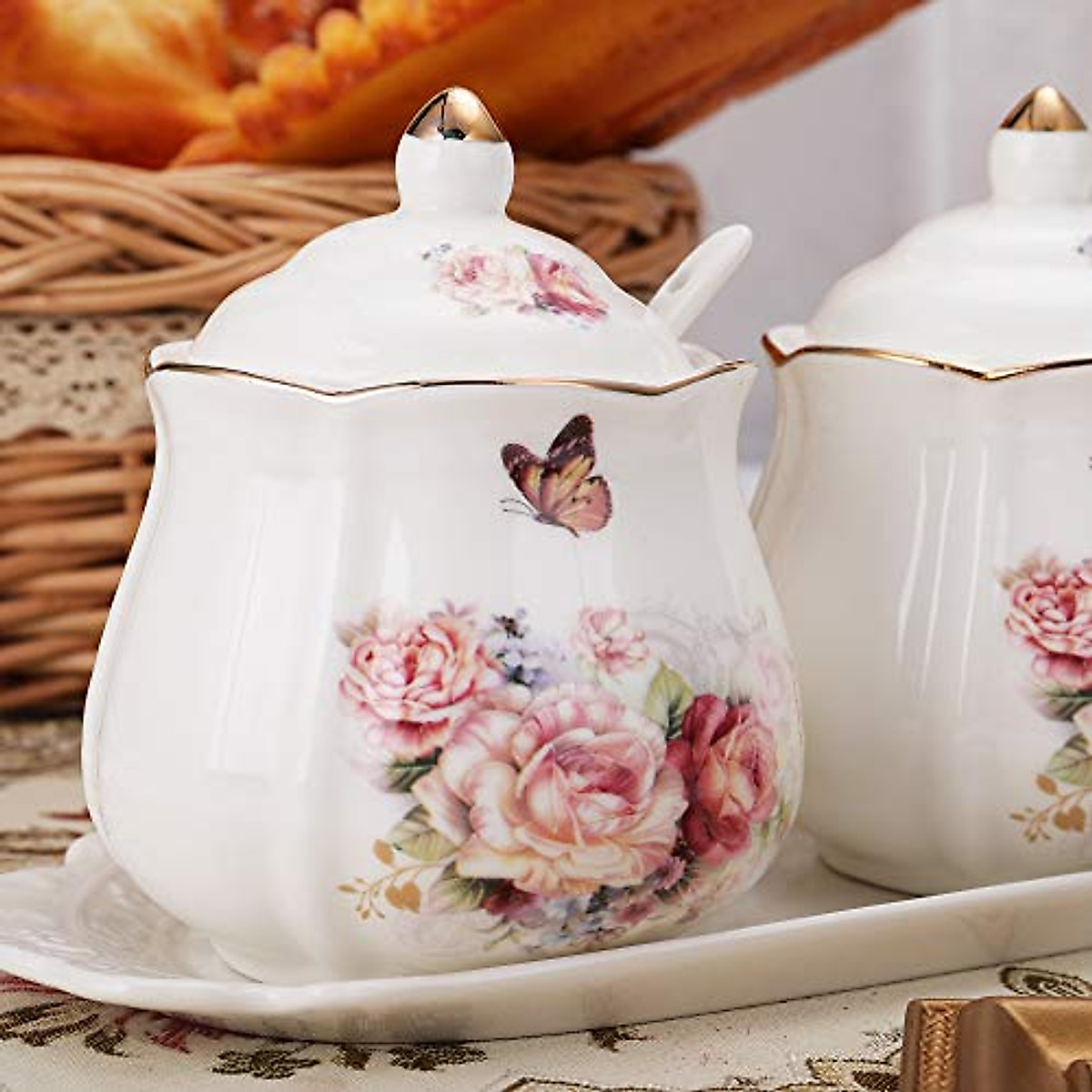 fanquare Sugar Bowl,Flower Cermica Sugar Bowl with Lid,Spoon and Tray,Coffee Sugar Tea Canister Set,Seasoning Box Salt Bowl,Set of 3