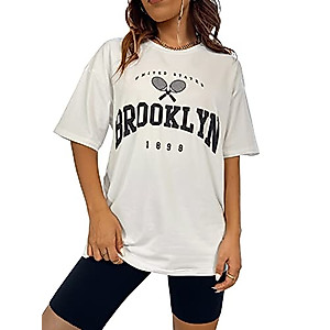 Verdusa Women's Casual Crewneck Short Sleeve Letter Graphic Drop Shoulder Oversized Tee T Shirt White S