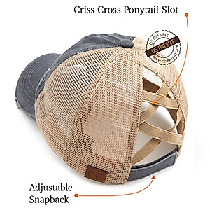 C.C Exclusives Washed Distressed Cotton Denim Criss-Cross Ponytail Hat Baseball Cap Bundle Hair Tie (BT-780)(BT-791) (A Elastic Band-Charcoal)